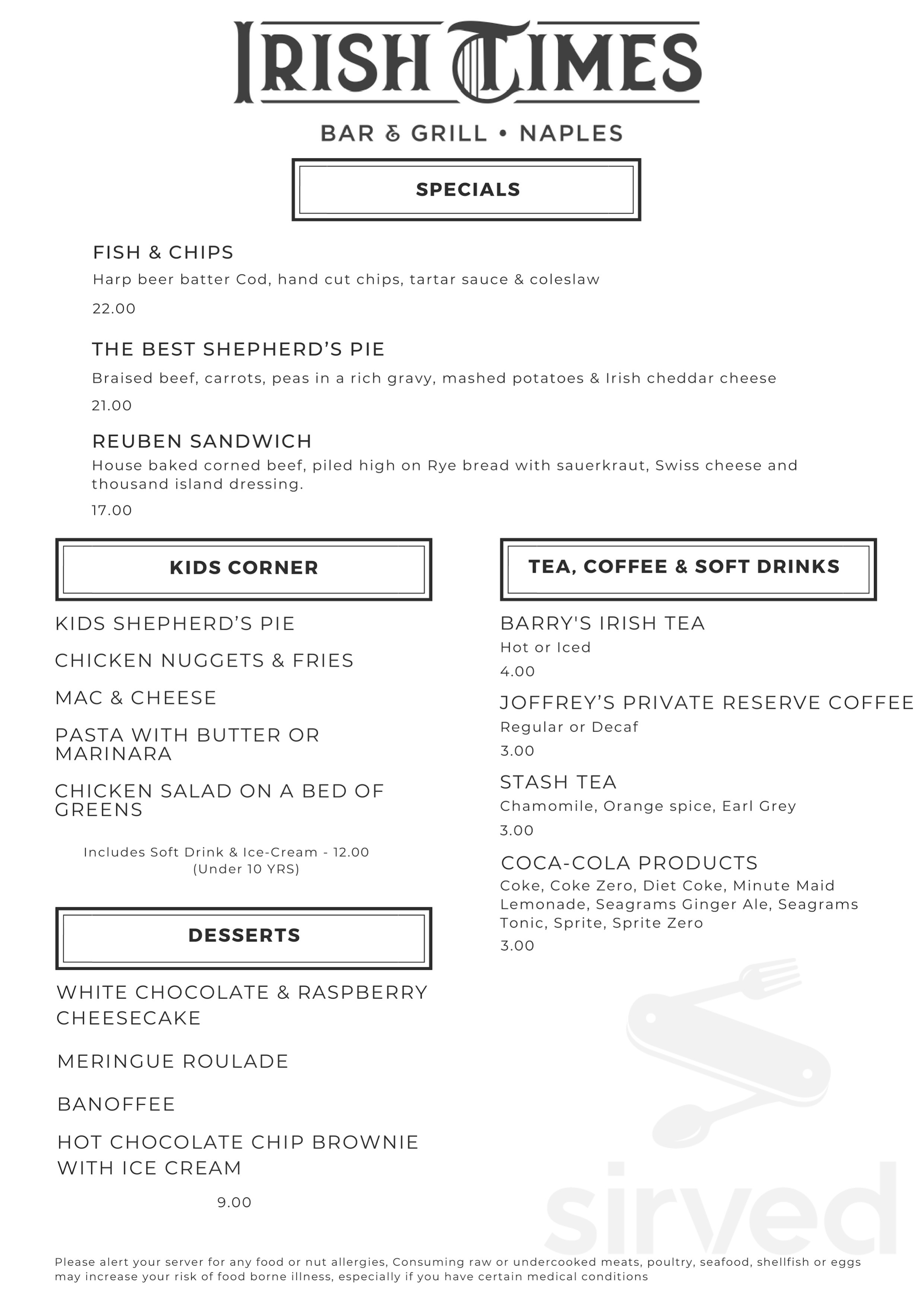 Menu - Naples FL's Irish Times Bar & Grill Naples | Sirved