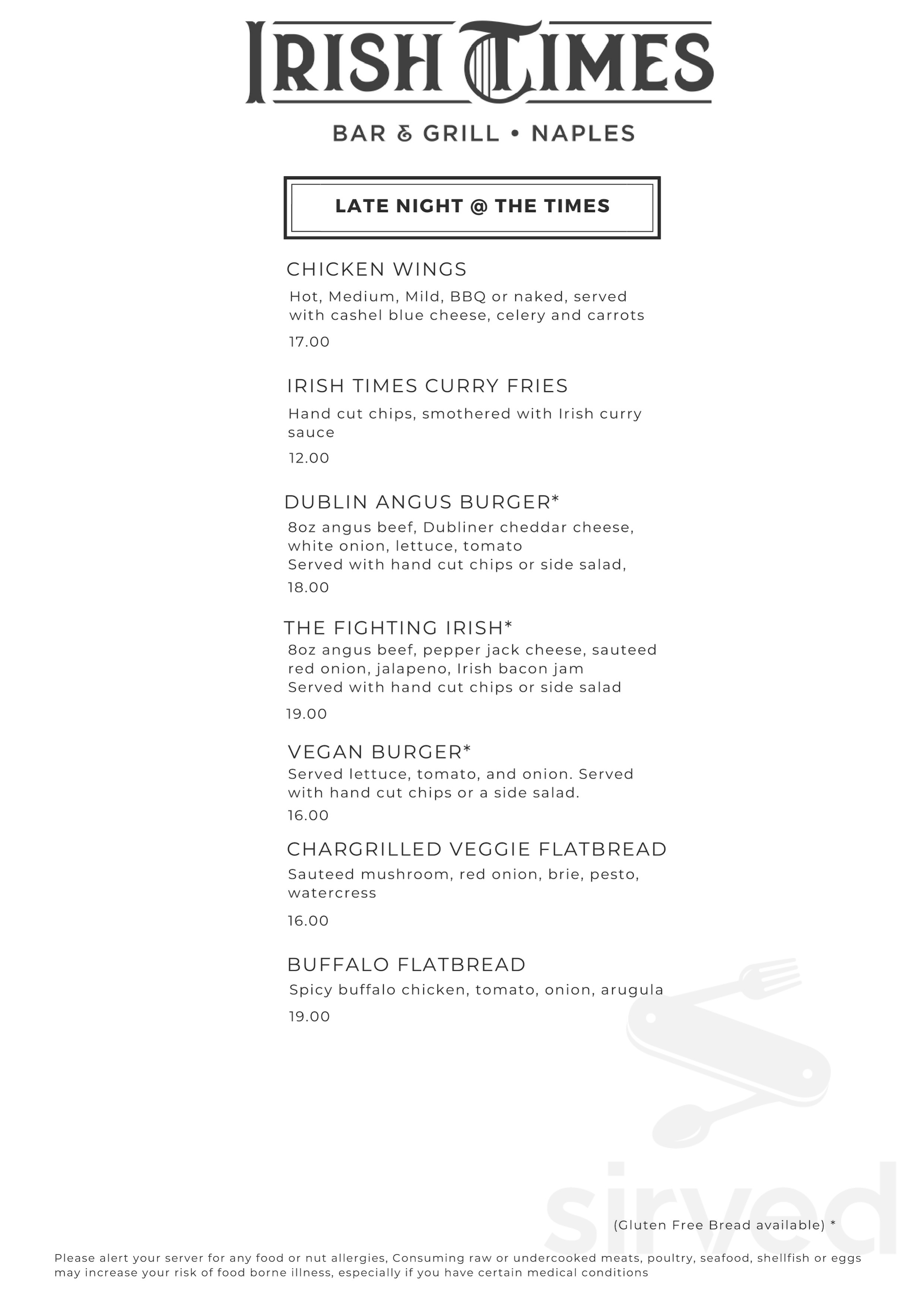 Menu - Naples FL's Irish Times Bar & Grill Naples | Sirved