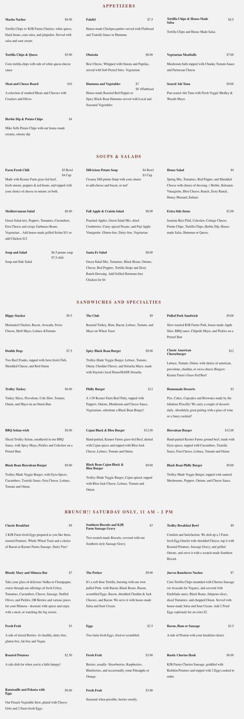 The Trolley Stop menu in Dayton, Ohio, USA