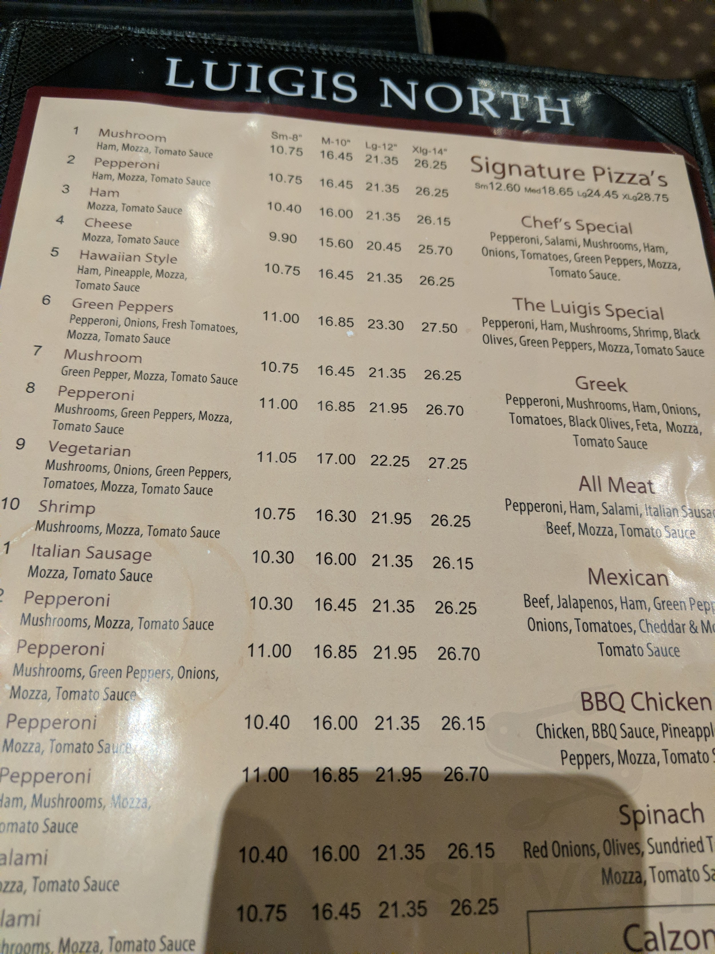 Luigis North menu in Lethbridge, Alberta, Canada