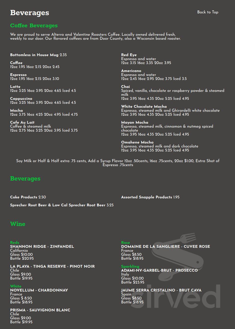 Perc Place menu in Hartford, Wisconsin, USA