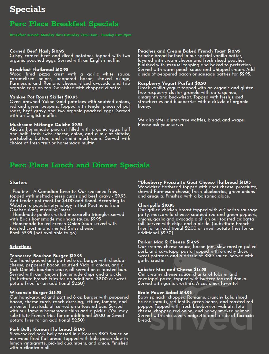 Perc Place menu in Hartford, Wisconsin, USA