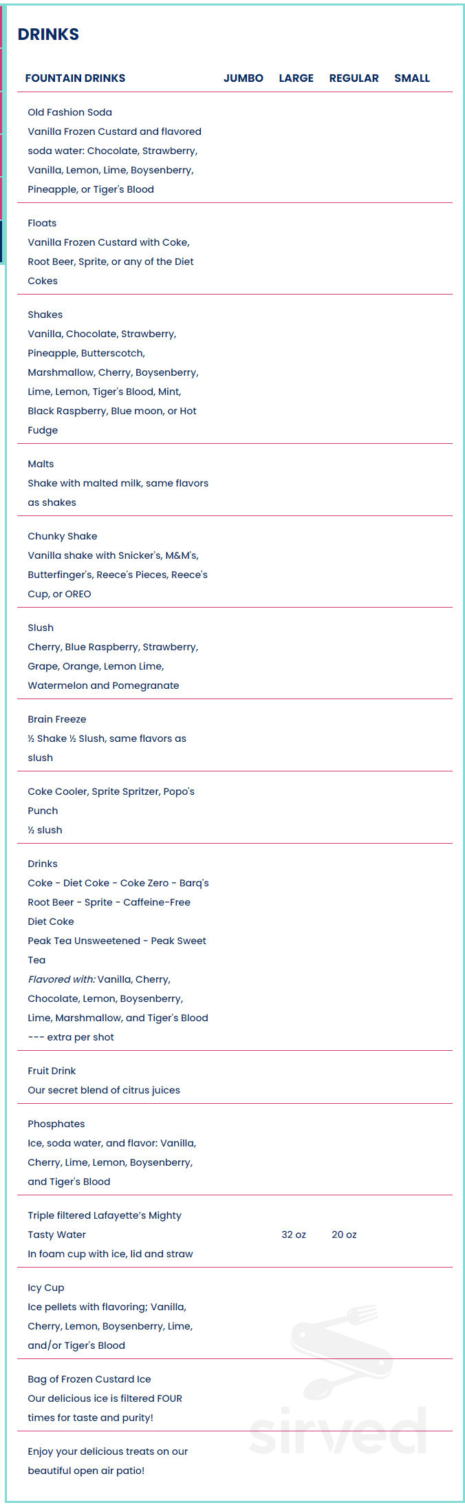 Original Frozen Custard menus in Lafayette, Indiana, United States