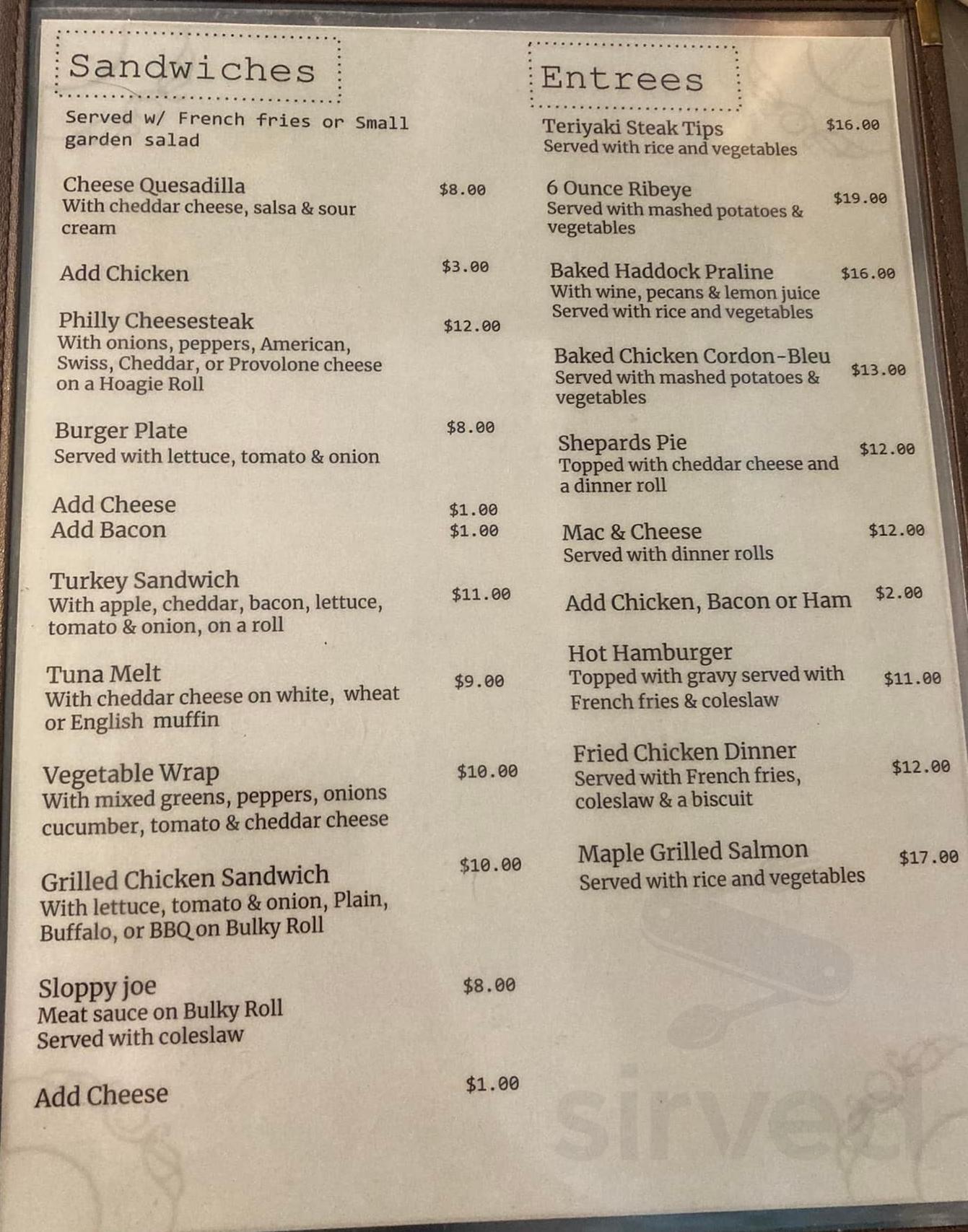 Menu for Park Row Cafe in Waterbury Village Historic District, VT | Sirved