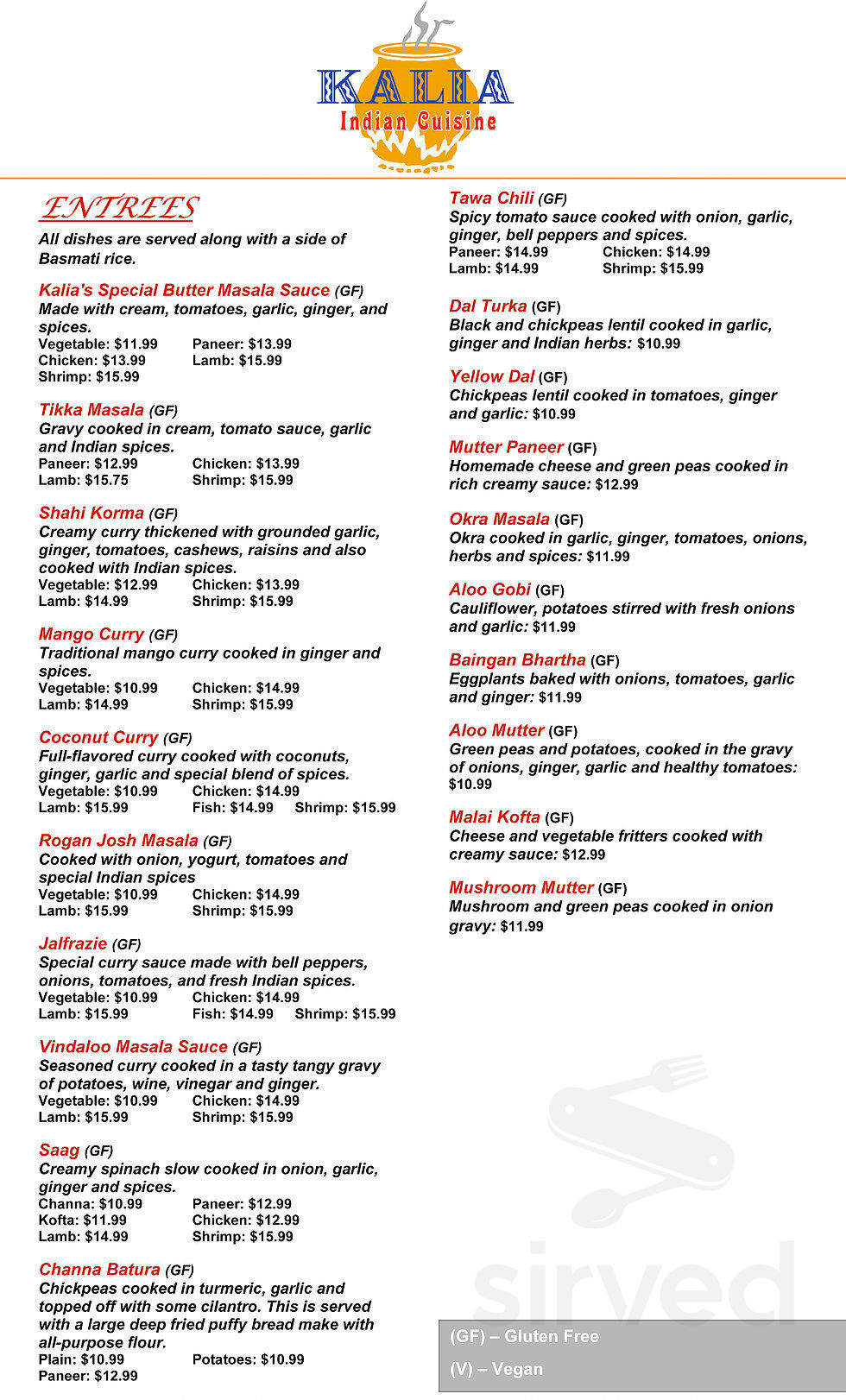 Menu - Seattle WA's Kalia Indian Cuisine | Sirved