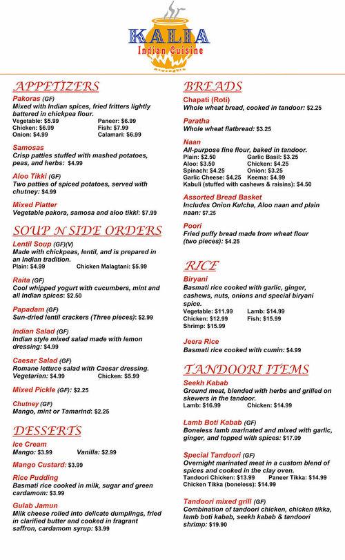 Kalia Indian Cuisine menu in Lynnwood, Washington, USA