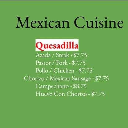 El Chino Mex menu in Indianapolis, Indiana, USA