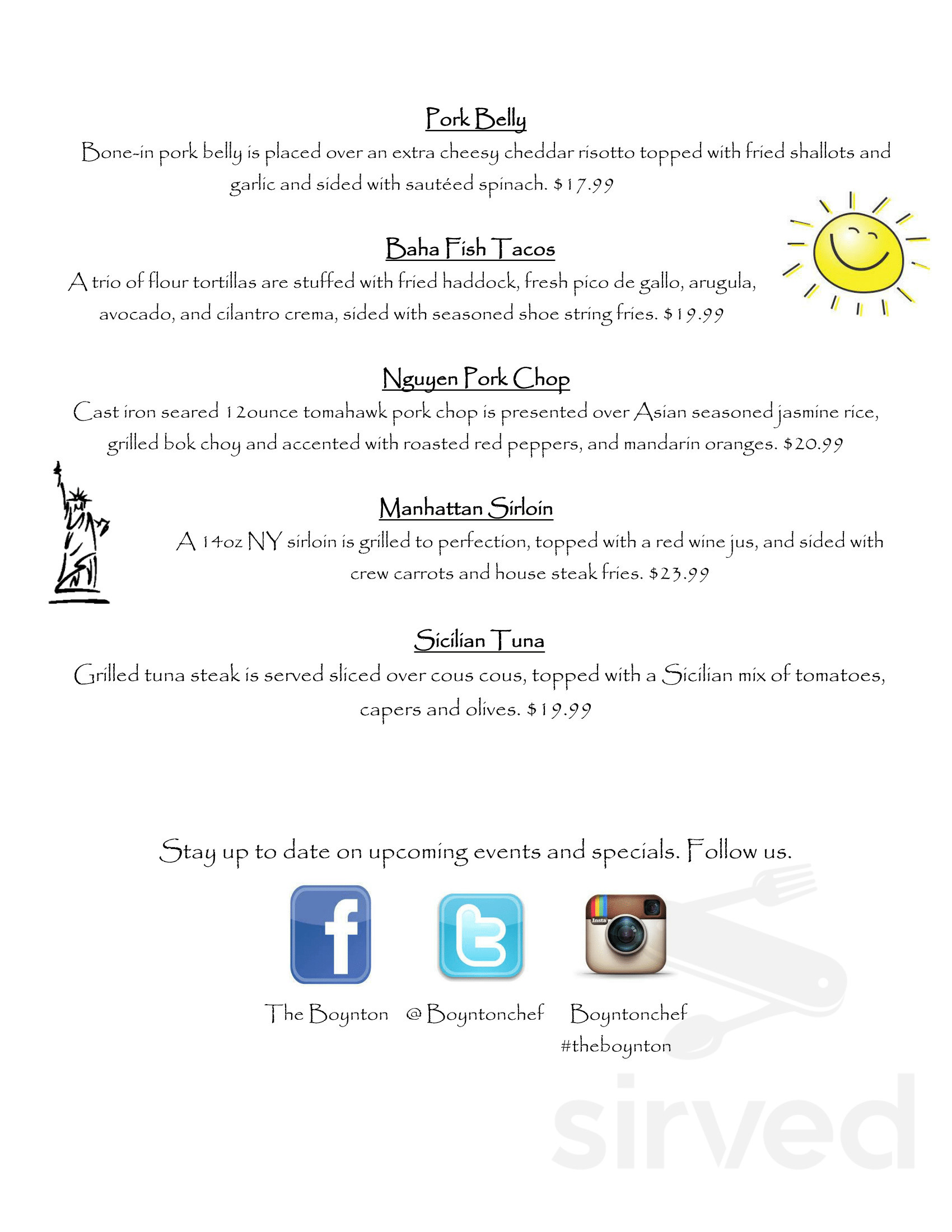 The Boynton Restaurant & Spirits menu in Worcester, Massachusetts, USA