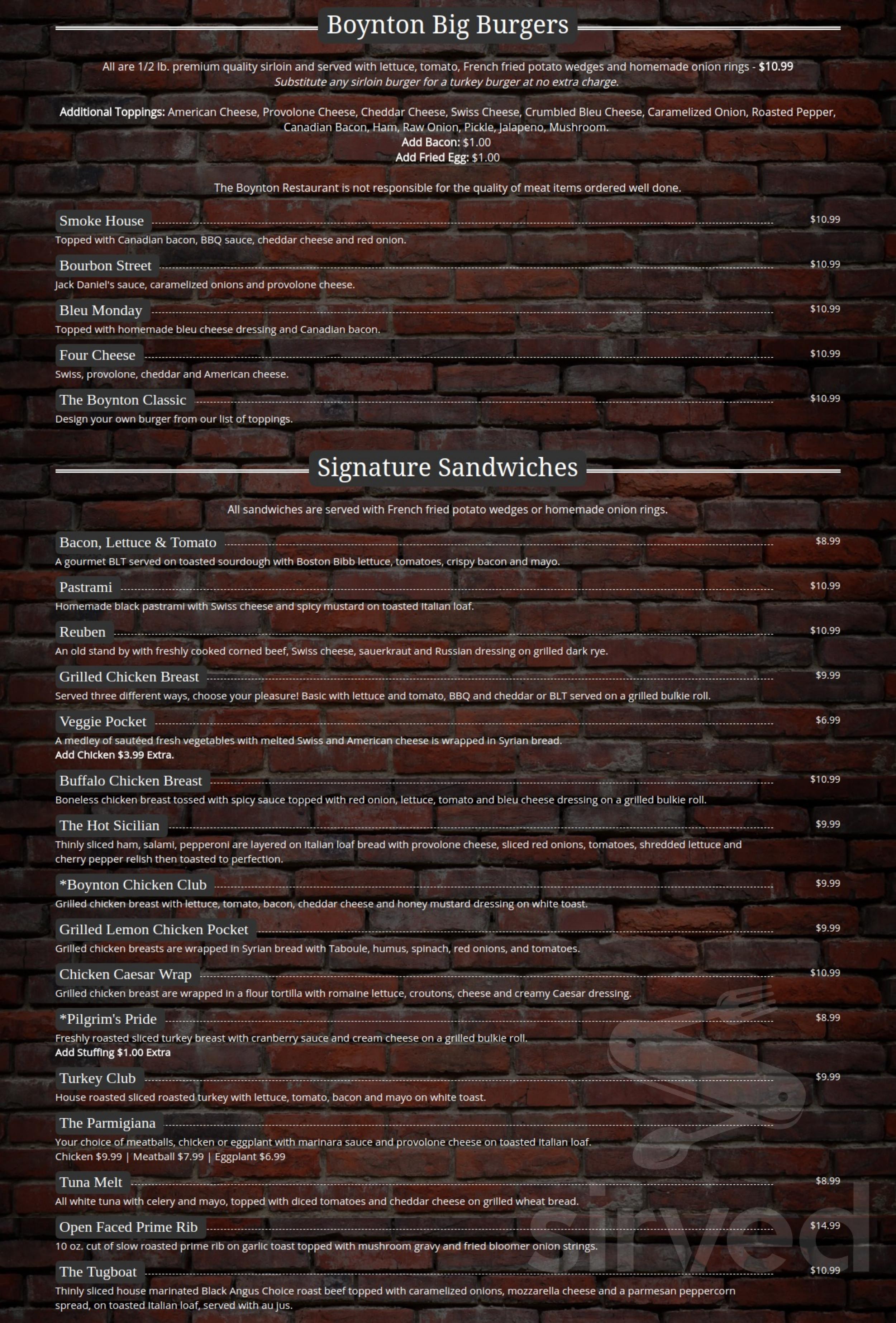 The Boynton Restaurant & Spirits menu in Worcester, Massachusetts, USA