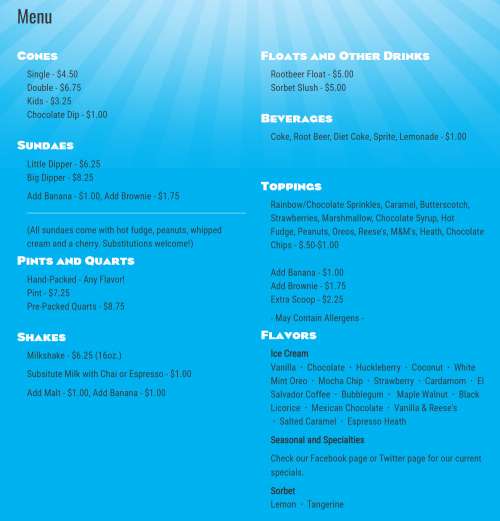 Big Dipper Ice Cream menu in Missoula, Montana, USA