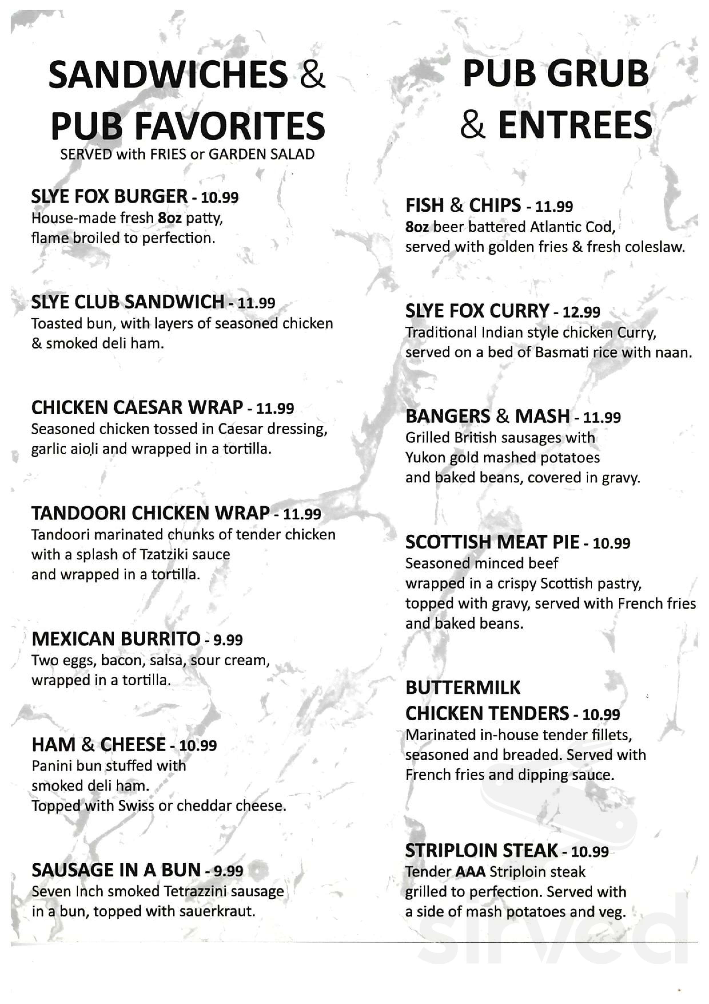 The Slye Fox menu in Burlington, Ontario, Canada