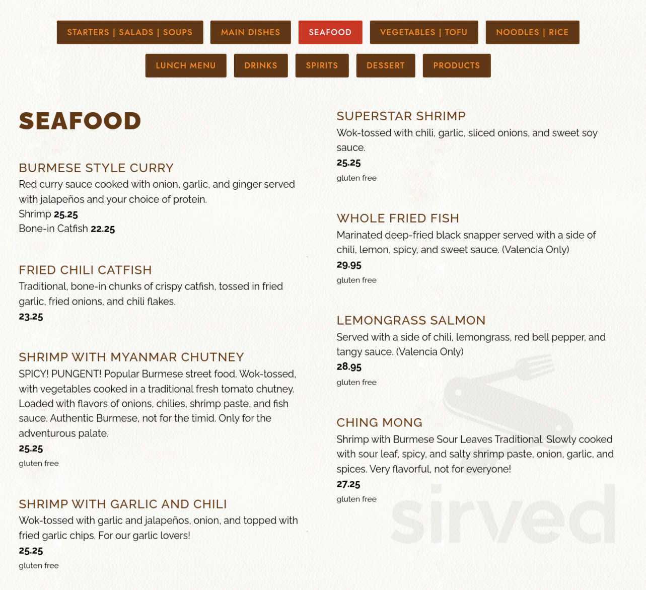 Menu for Burma Love - Downtown in San Francisco, California, United States