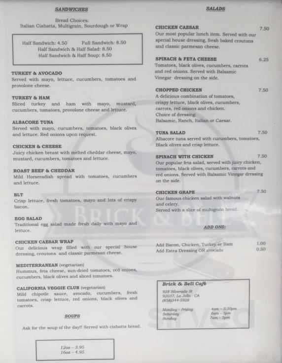 Brick & Bell Cafe - La Jolla menu in La Jolla, California, USA