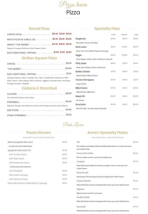 Anna's Italian Restaurant & Pizzeria menu in Midlothian, Virginia, USA
