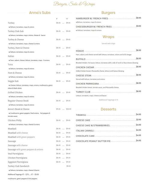Anna's Italian Restaurant & Pizzeria menu in Midlothian, Virginia, USA