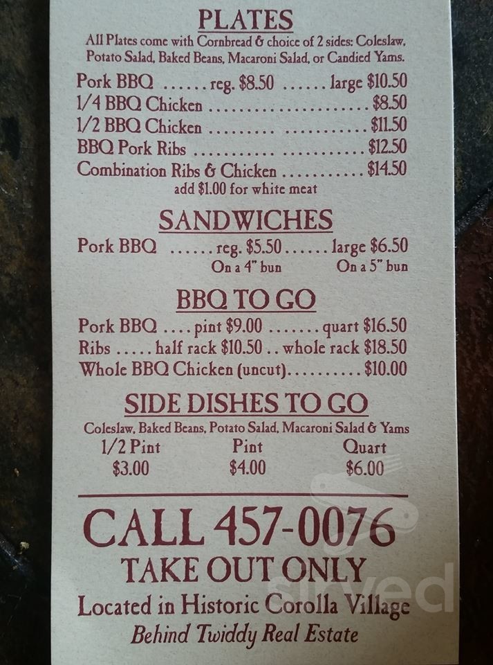 Menu for Corolla Village Barbecue in Corolla, NC | Sirved