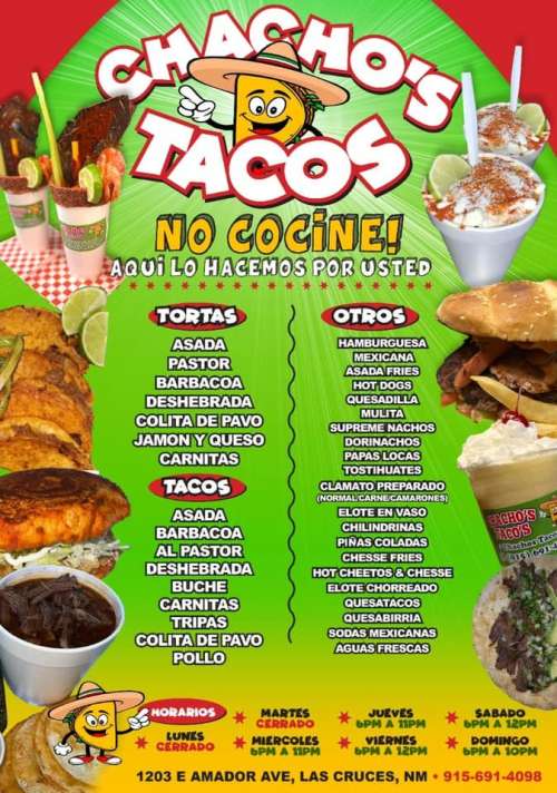 Chacho's Taco's menu in Las Cruces, New Mexico, USA