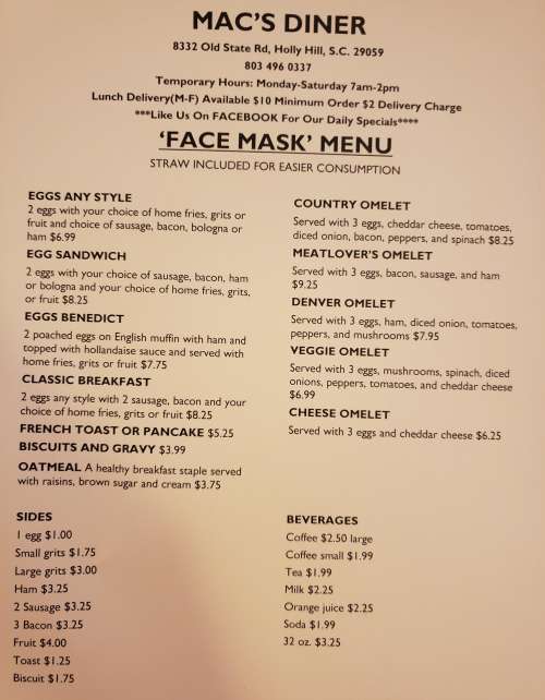 Mac's Diner menu in Holly Hill, South Carolina, USA