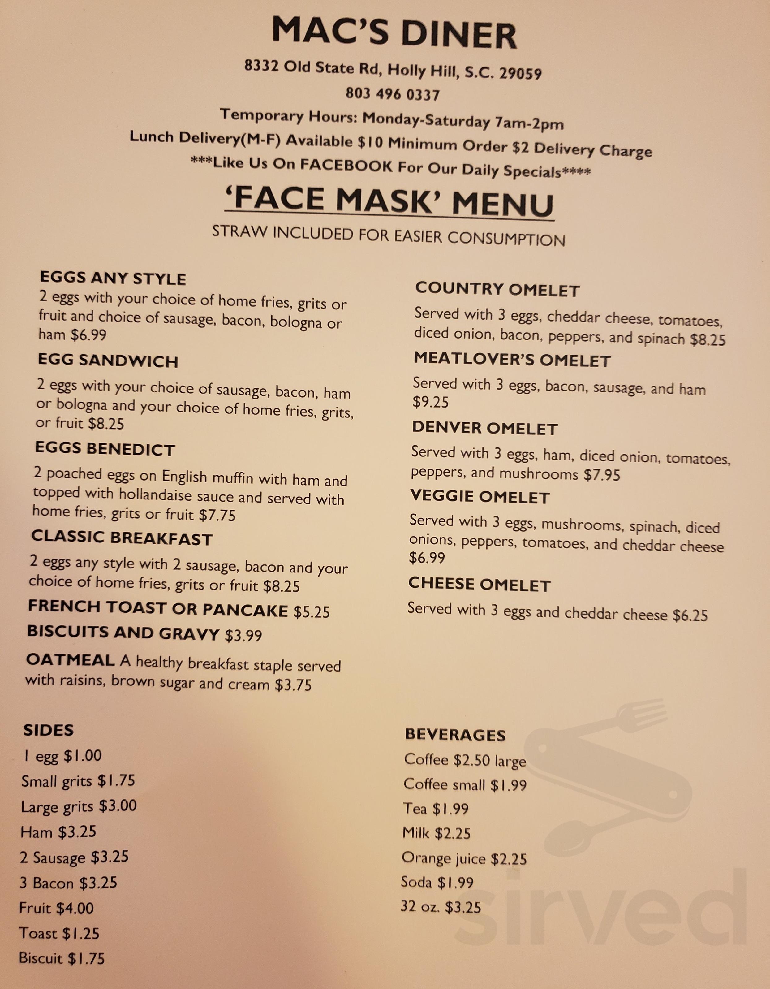 Mac's Diner menus in Holly Hill, South Carolina, United States