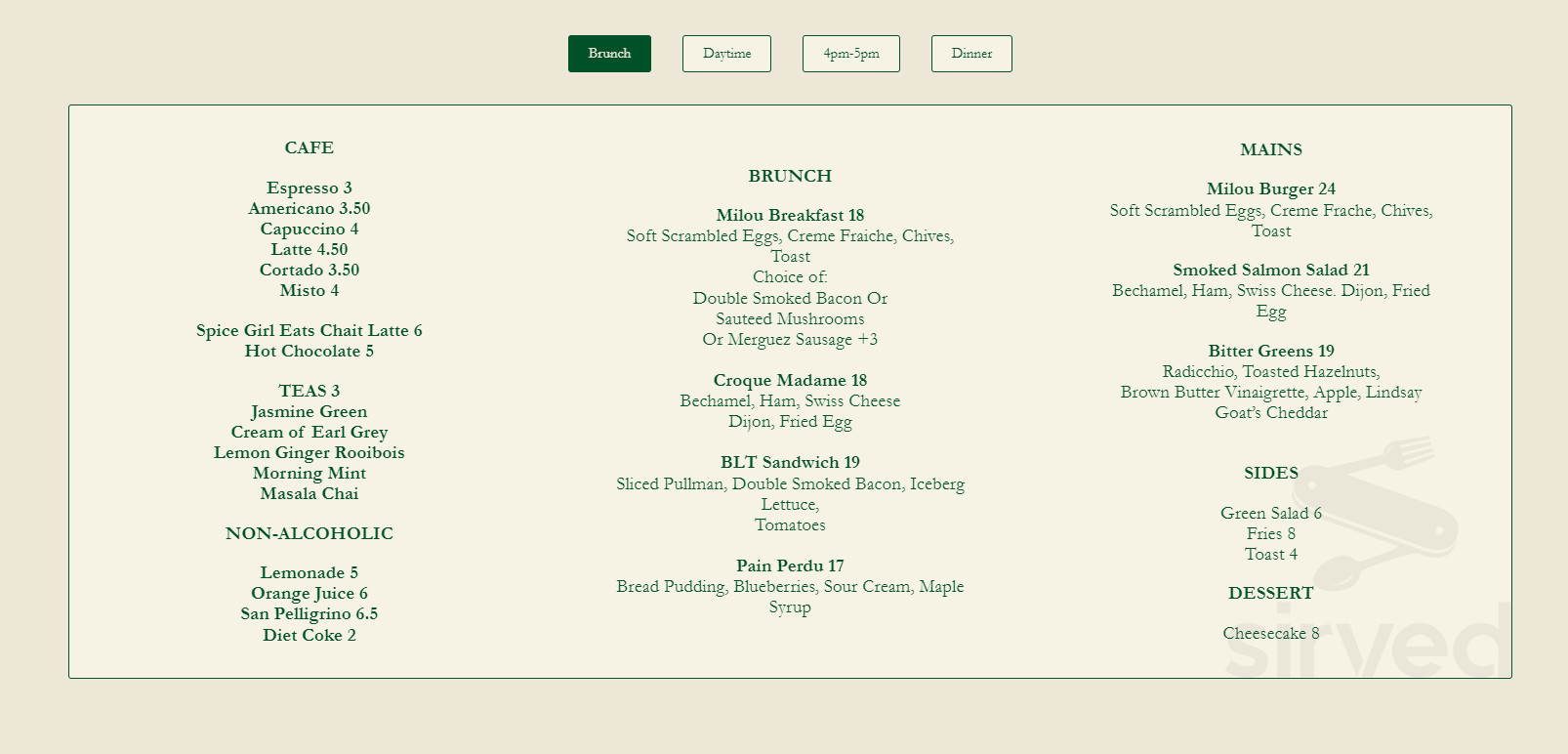 Milou menu in Toronto, Ontario, Canada