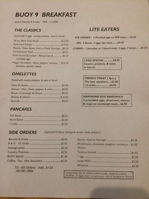 Buoy 9 Restaurant & Lounge menu in Hammond, Oregon, USA