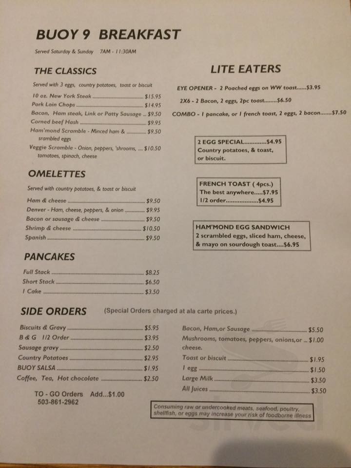 Menu for Buoy 9 Restaurant & Lounge in Hammond, OR | Sirved