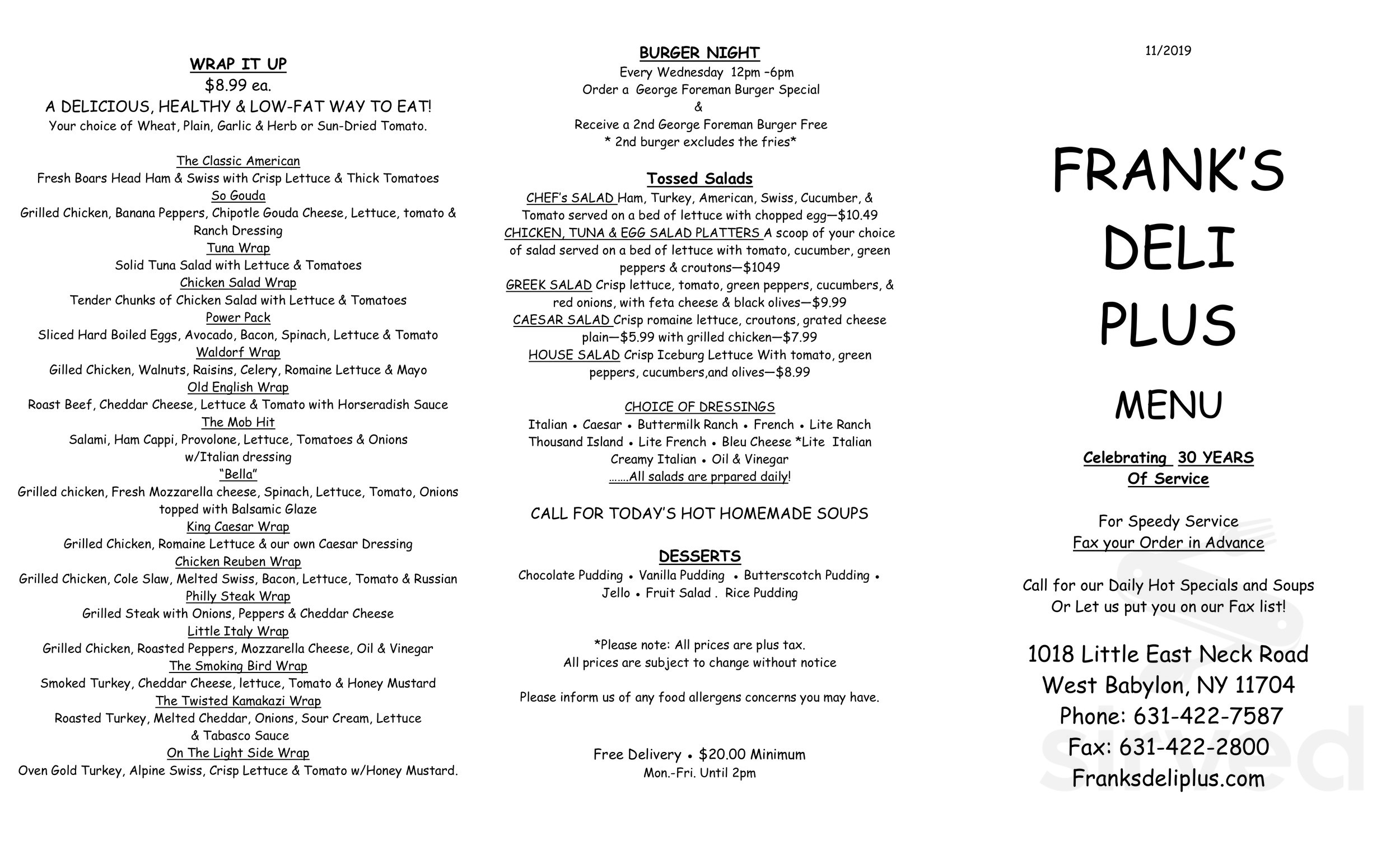 Franks Deli Plus And East Neck Caterers menu in West Babylon, New York, USA