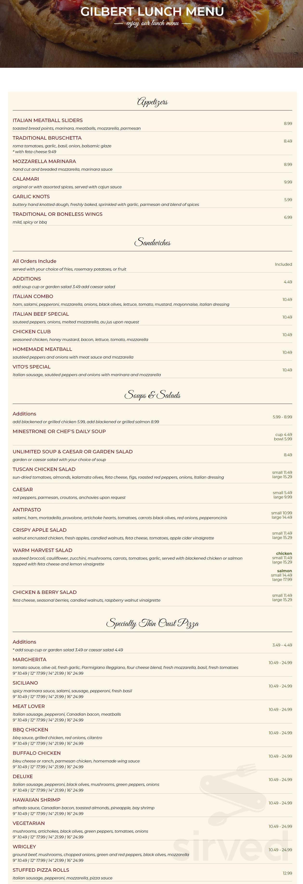 Menu - Gilbert AZ's Vito’s Pizza & Italian Ristorante | Sirved