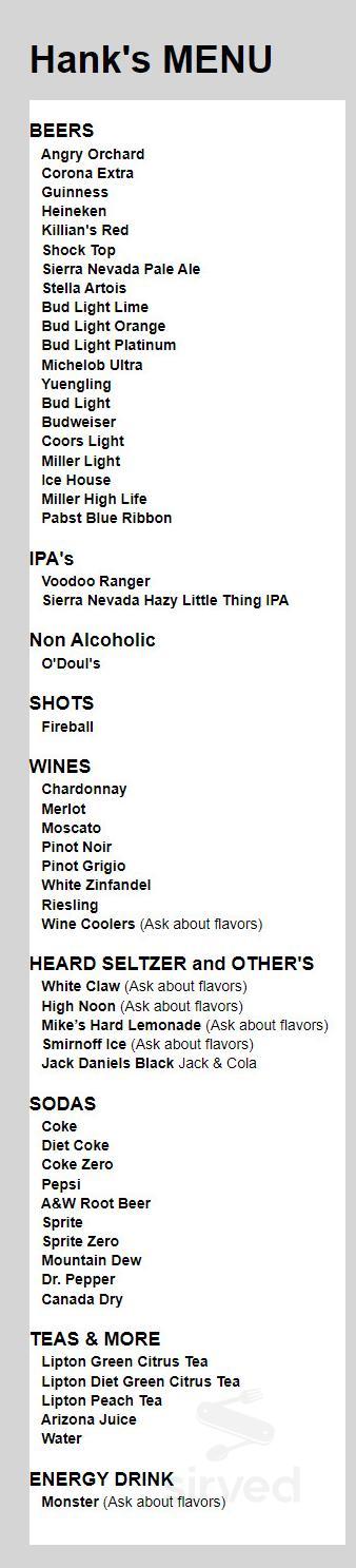 Hank's Bar menu in Orlando, Florida, USA