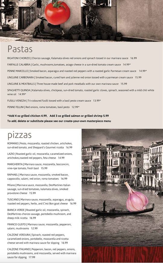 Fellini’s menus in Stratford, Ontario, Canada