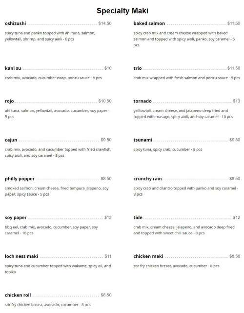 Rain Premier Sushi Bar & Lounge menu in Amarillo, Texas, USA