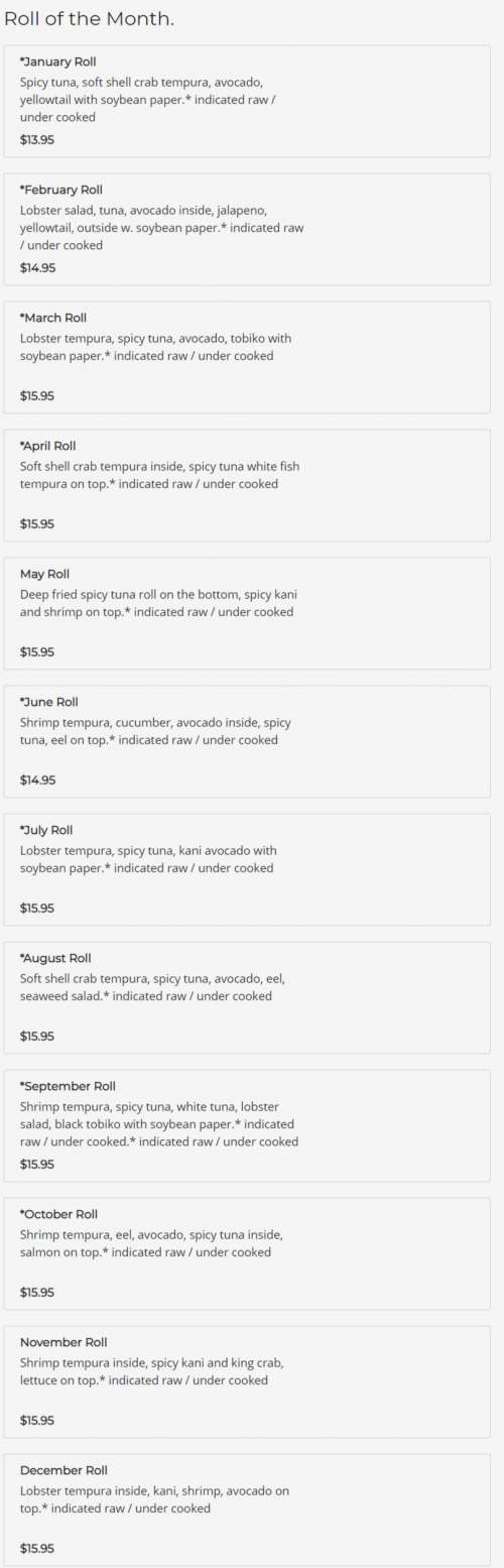 Sakura Hibachi and Sushi Bar menu in Athens, Georgia, USA