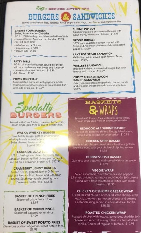 Lakeside menu in Glenwood, Minnesota, USA