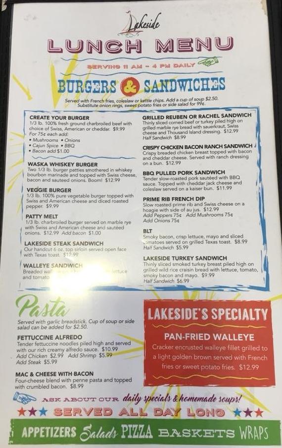 Lakeside menu in Glenwood, Minnesota, USA