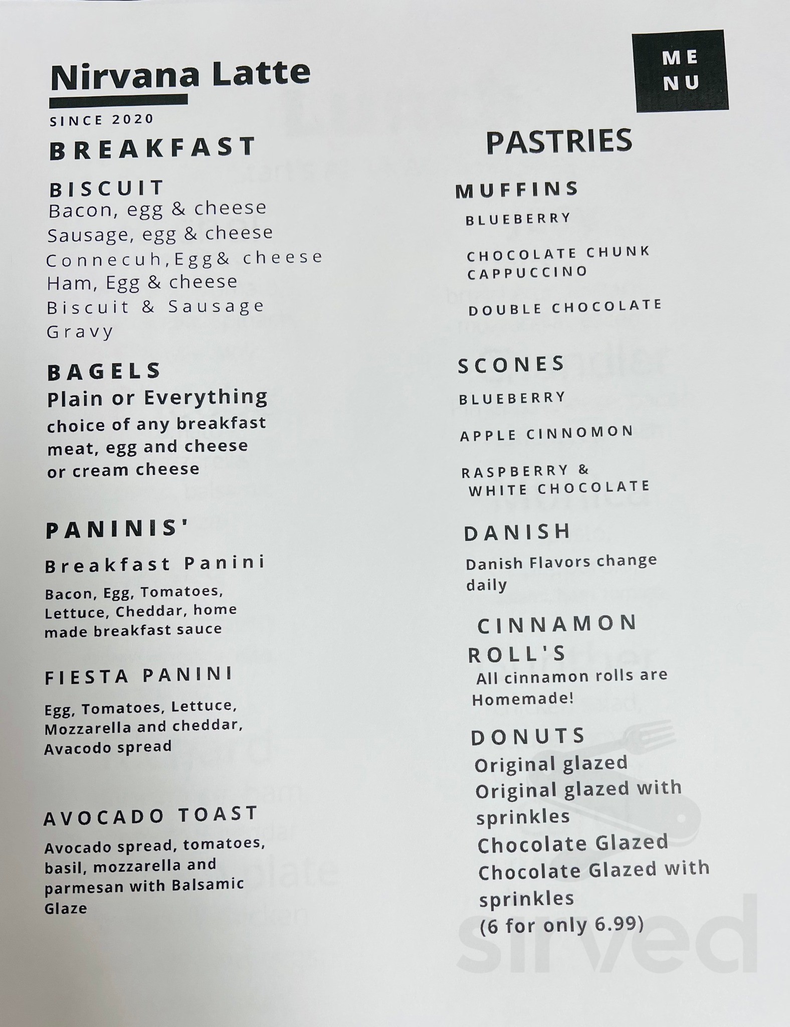 Nirvana Latte menu in Dadeville, Alabama, USA
