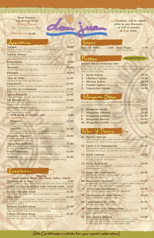 Don Juan menu in Massapequa Park, New York, USA