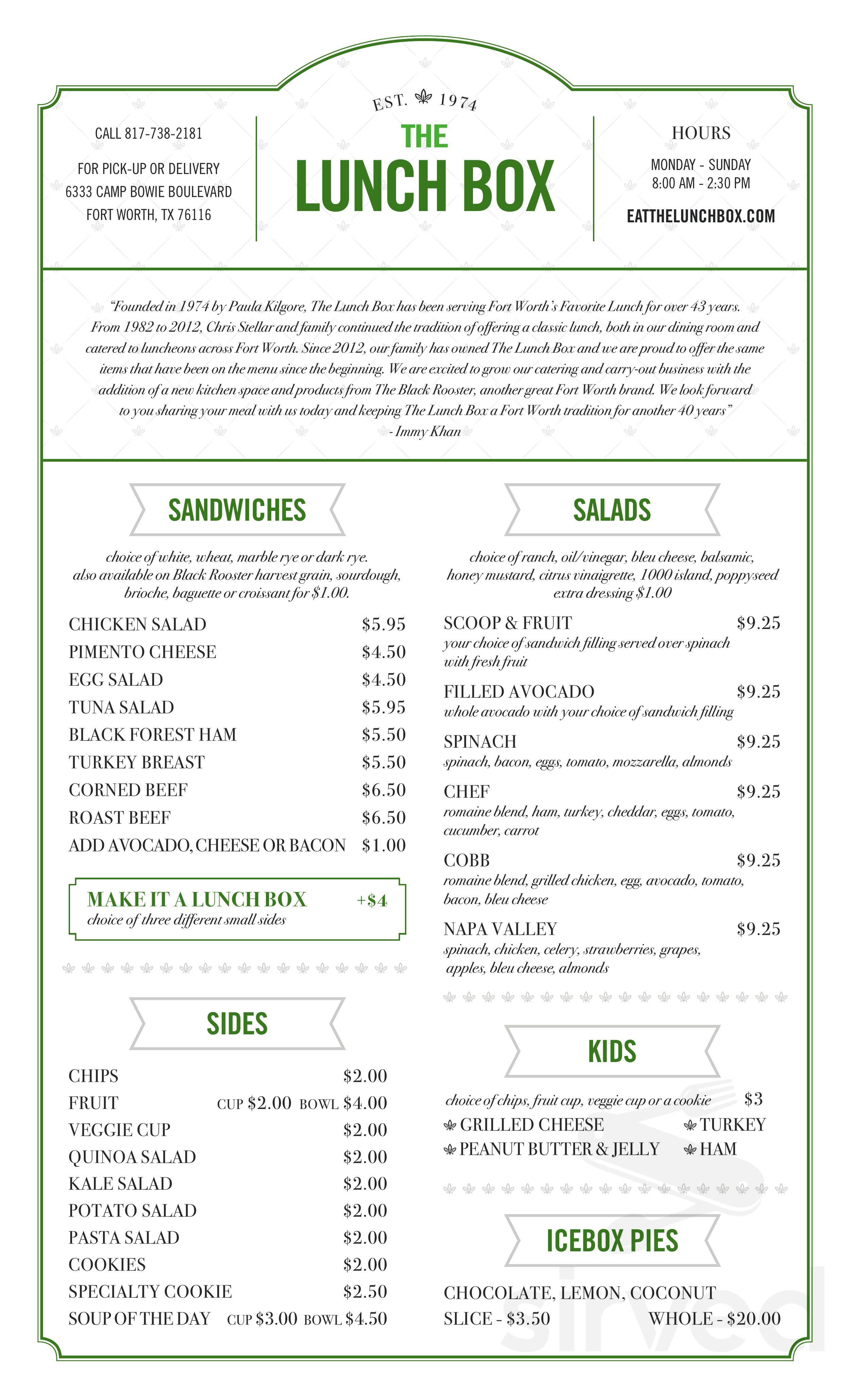 Menu for The Lunch Box in Fort Worth, Texas, United States