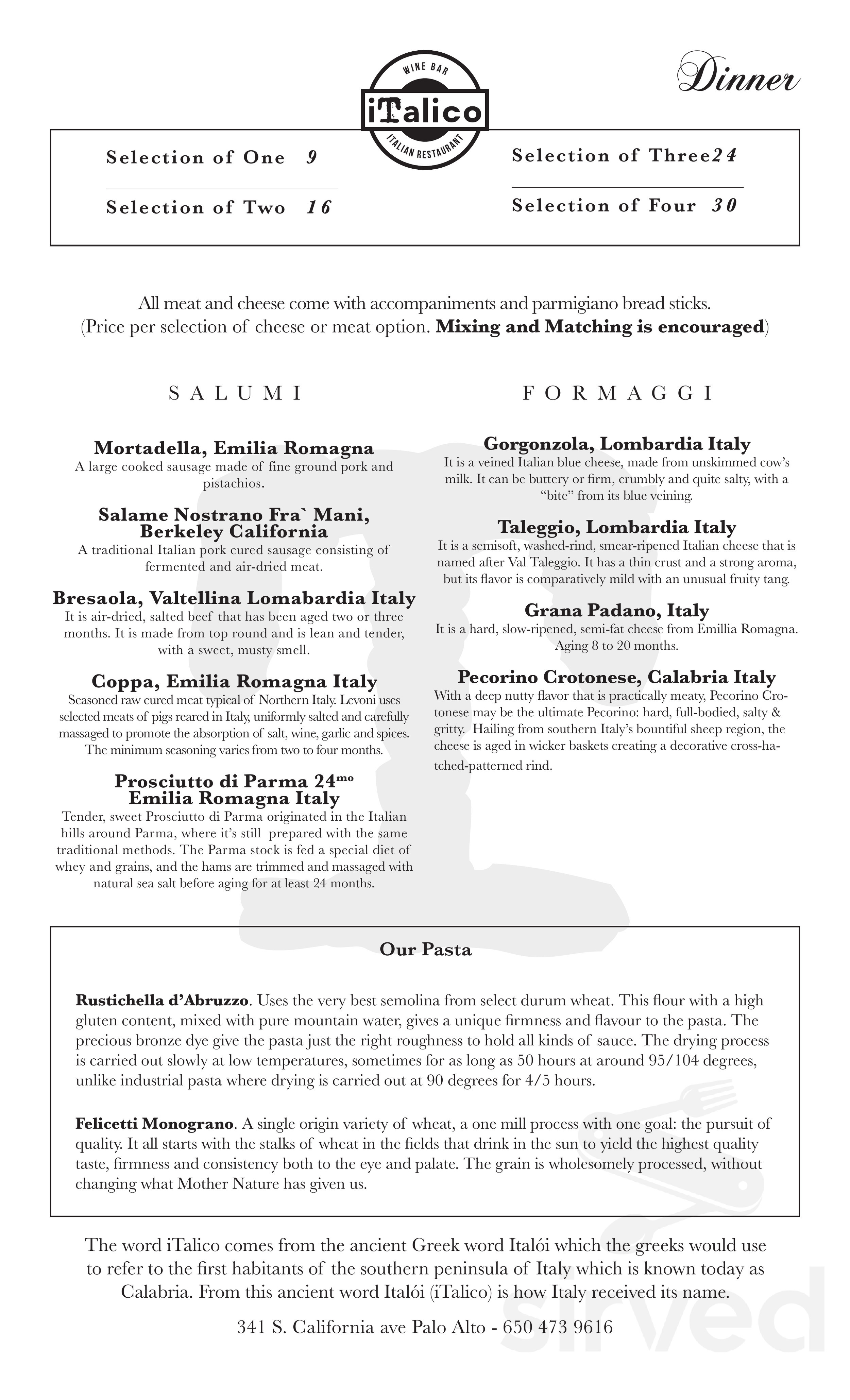 Menu for Italico Ristorante Pizzeria Wine Bar in Palo Alto, CA | Sirved