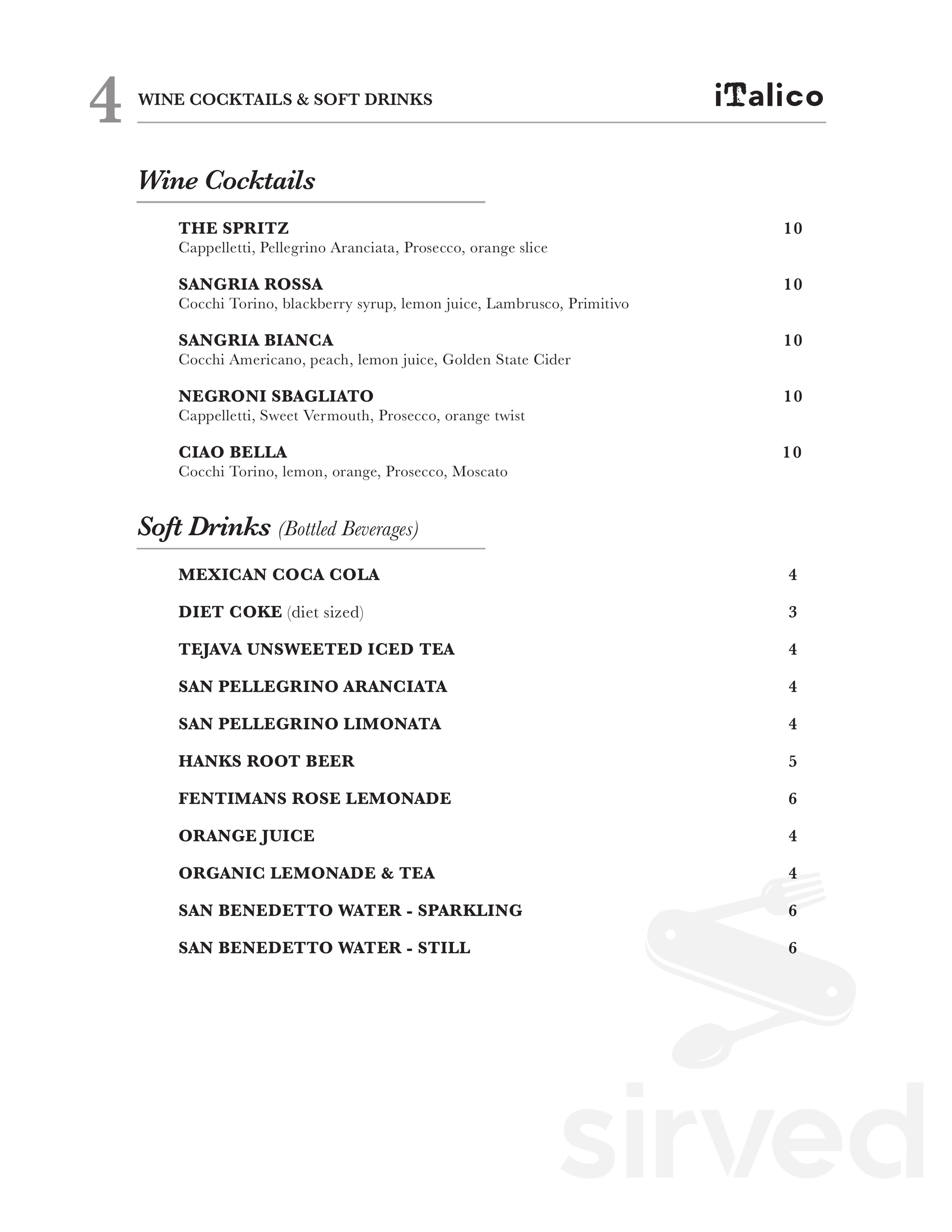 Italico Ristorante Pizzeria Wine Bar menu in Palo Alto, California, USA