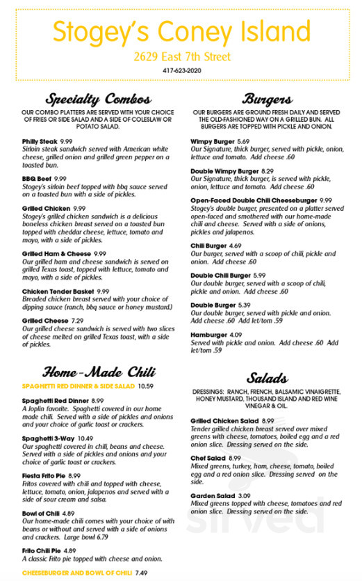 Menu for Stogey's Coney Island in Joplin, MO | Sirved
