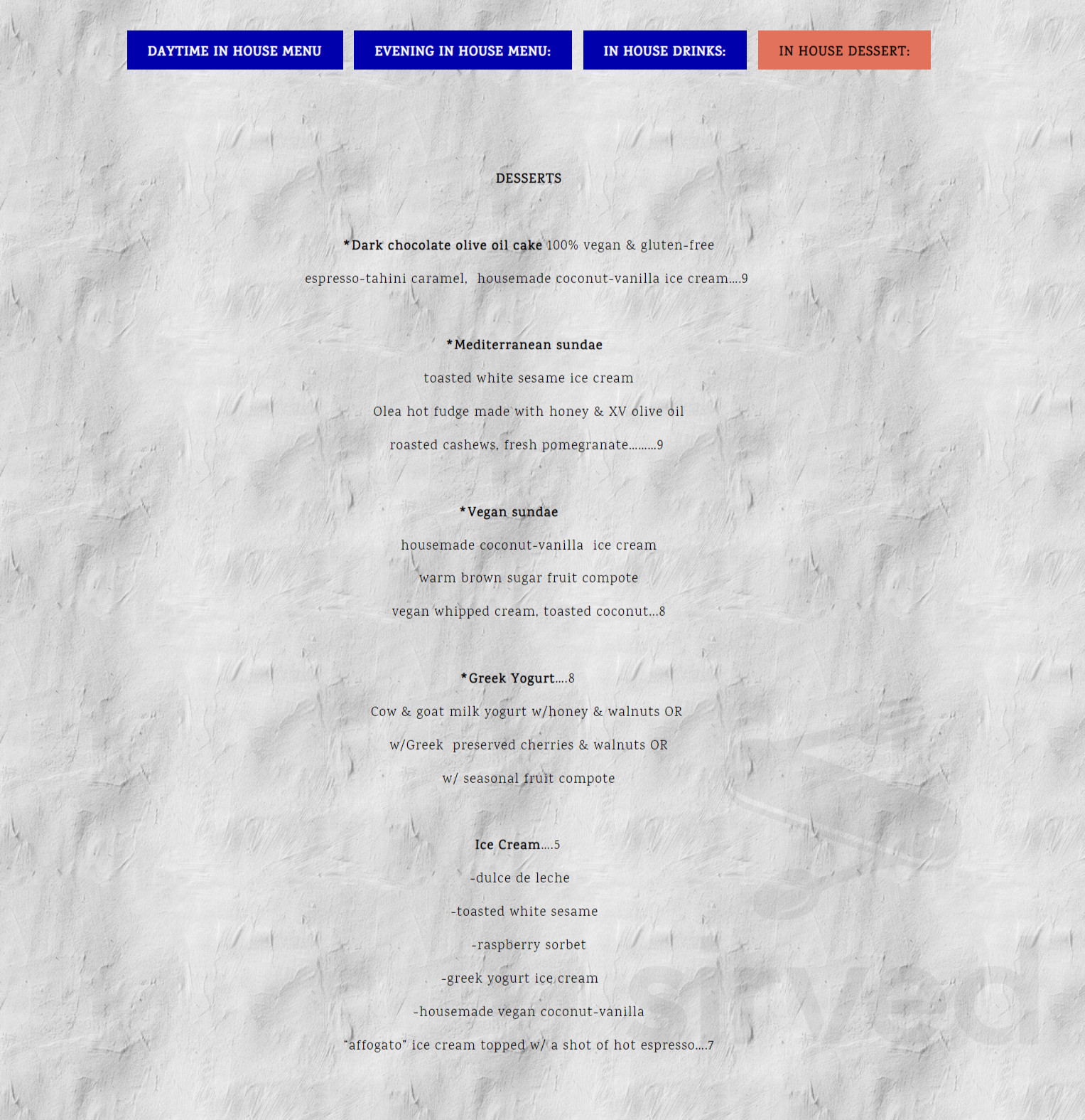 Olea menu in Brooklyn, New York, USA