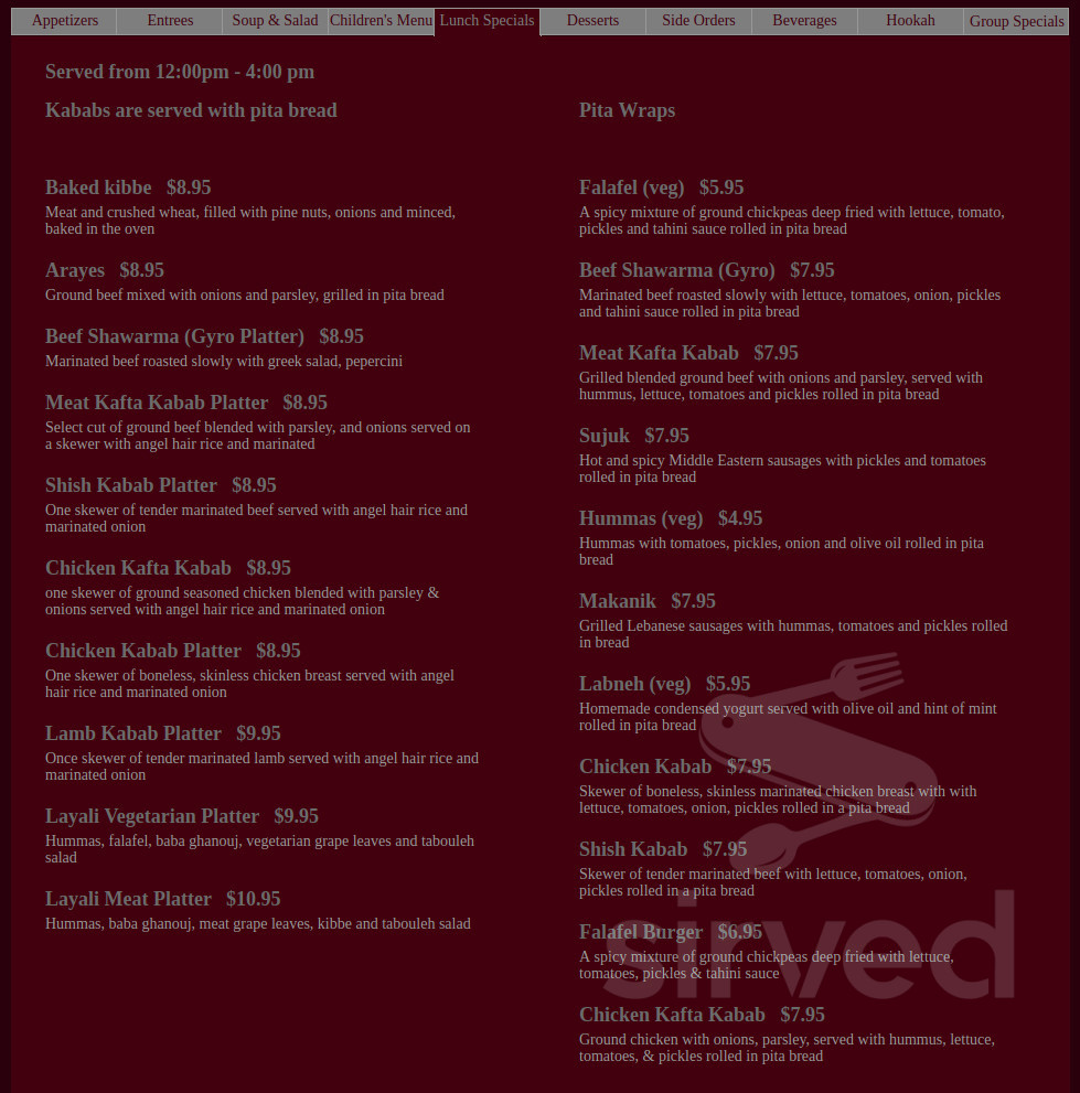 Menu - Doral FL's Layali Miami Lebanese Restaurant & lounge | Sirved