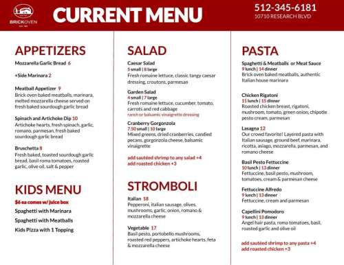 Brick Oven menu in Austin, Texas, USA