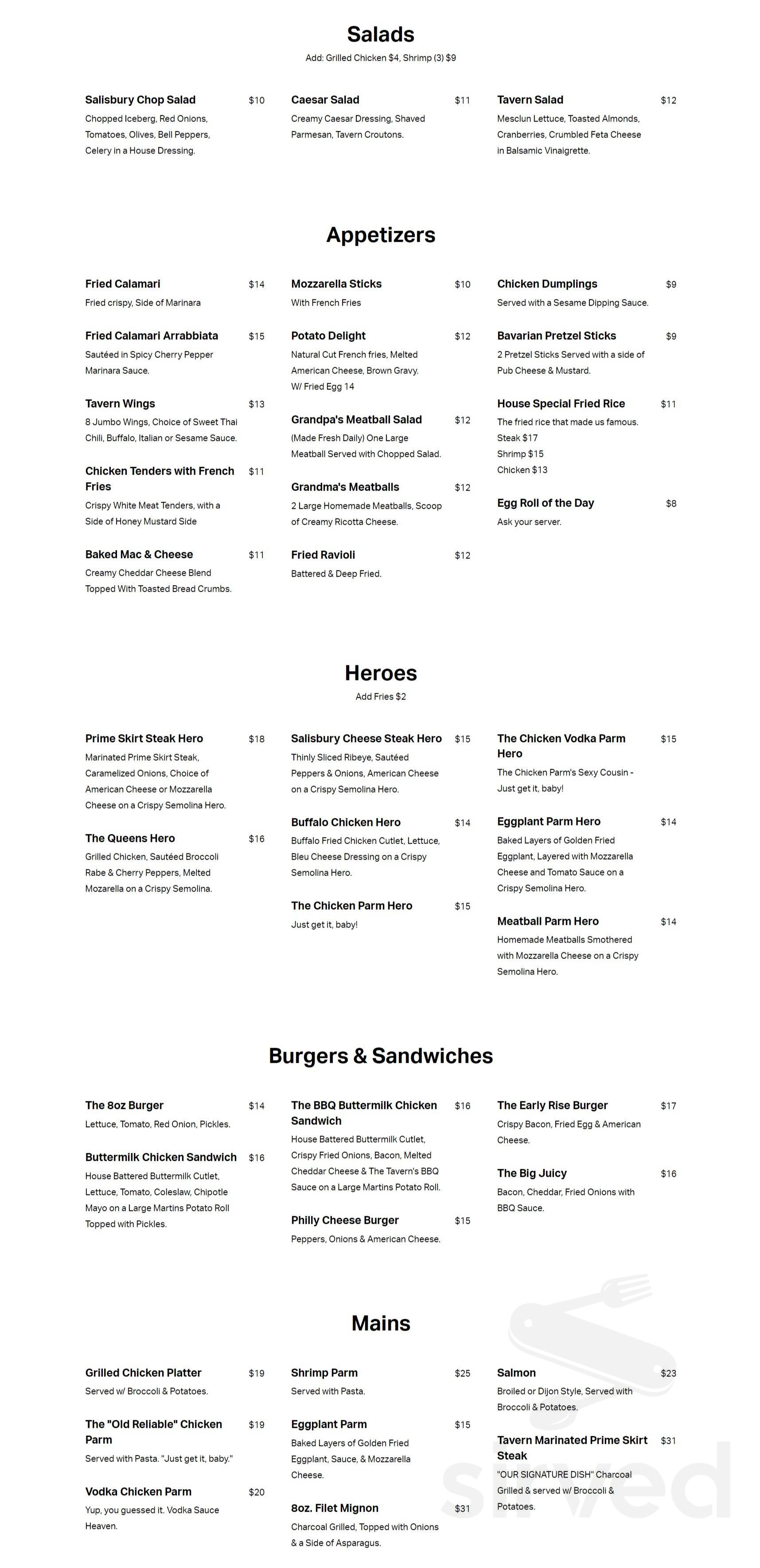 Salisbury Tavern menu in Westbury, New York, USA