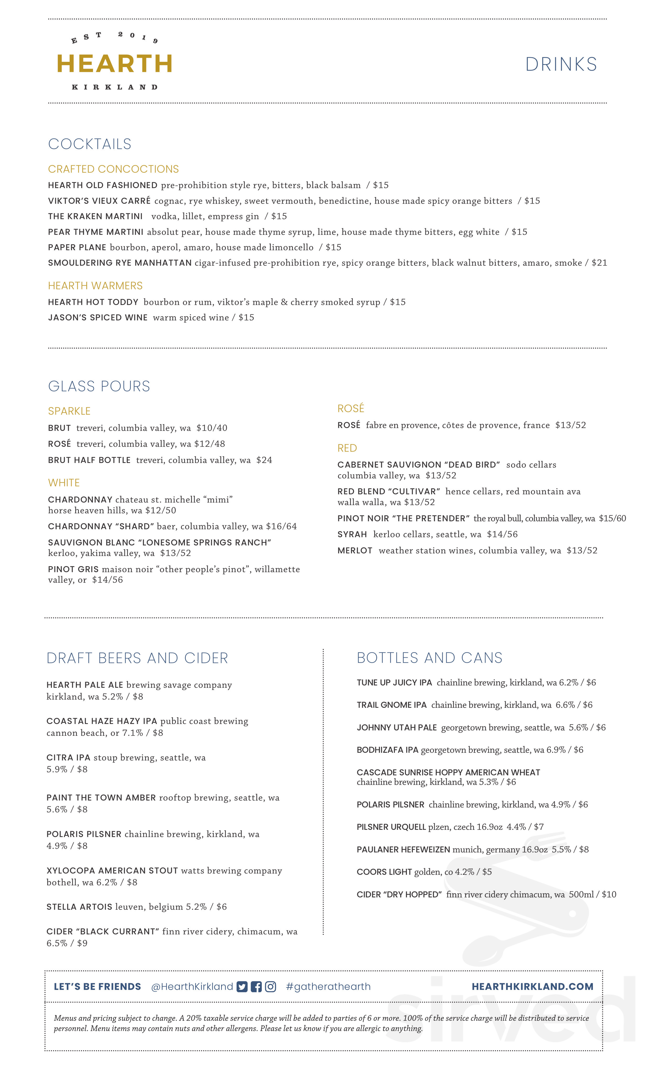 Hearth menu in Kirkland, Washington, USA