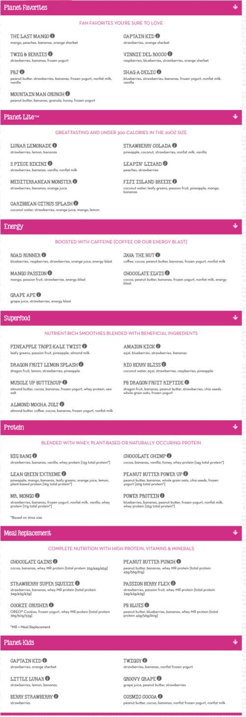 Planet Smoothie menu in Summerville, South Carolina, USA