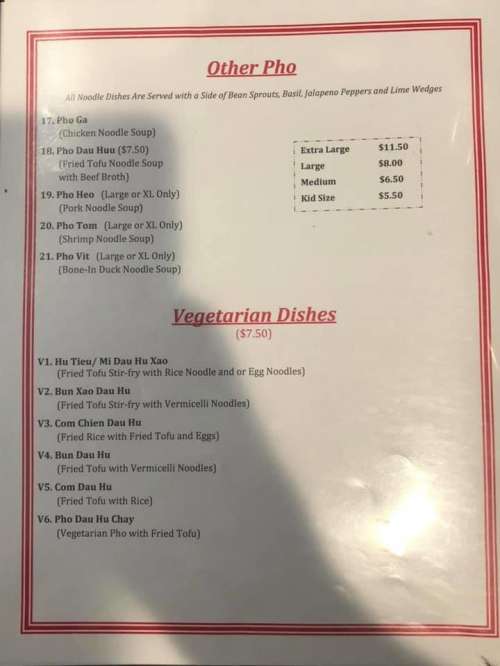 Pho Tay Do menu in Richmond, Virginia, USA