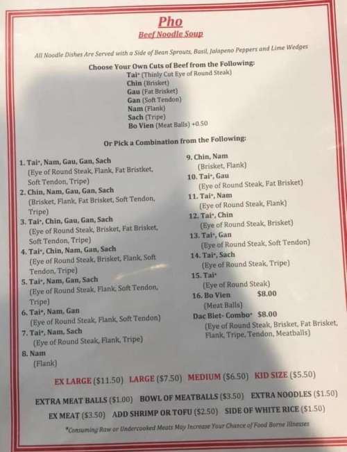 Pho Tay Do menu in Richmond, Virginia, USA