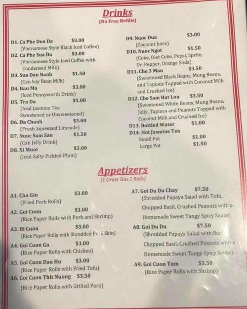 Pho Tay Do menu in Richmond, Virginia, USA