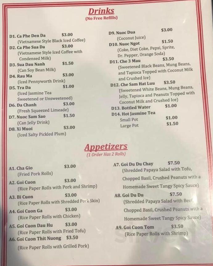 Pho Tay Do menu in Richmond, Virginia, USA